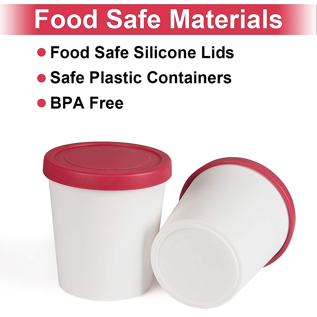 DUNCHATY Ice Cream Containers (Set of 2, 1 Quart Each) Freezer Dessert Containers Reusable Ice Cream Storage Tubs with Silicone Lids for Homemade IceCream Frozen Yogurt Sorbet Red