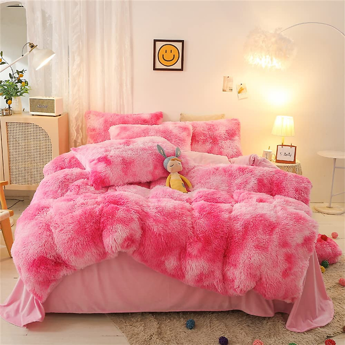chovy Faux Fur Tie-Dyed Pink White Red Colorful Comforter Cover Duvet Cover Queen - 3PC Bed Set Ultra Soft Plush Flannel Velvet Fluffy Fuzzy Bedding（Duvet Cover x 1 Pillowcases x 2