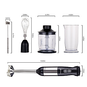 Immersion Hand Blender, 5 in 1 Multi-Purpose Hand Blender, 12 Speed+Turbo Stick Blender with 500ml Chopper, 700ml Beaker, Egg Whisk, Milk Frother, Black