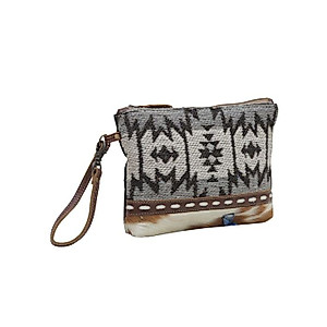Myra Bag Western Upcycled Pouch Bag for Women - Canvas Hair On Leather Wristlet Handbag Voorpret