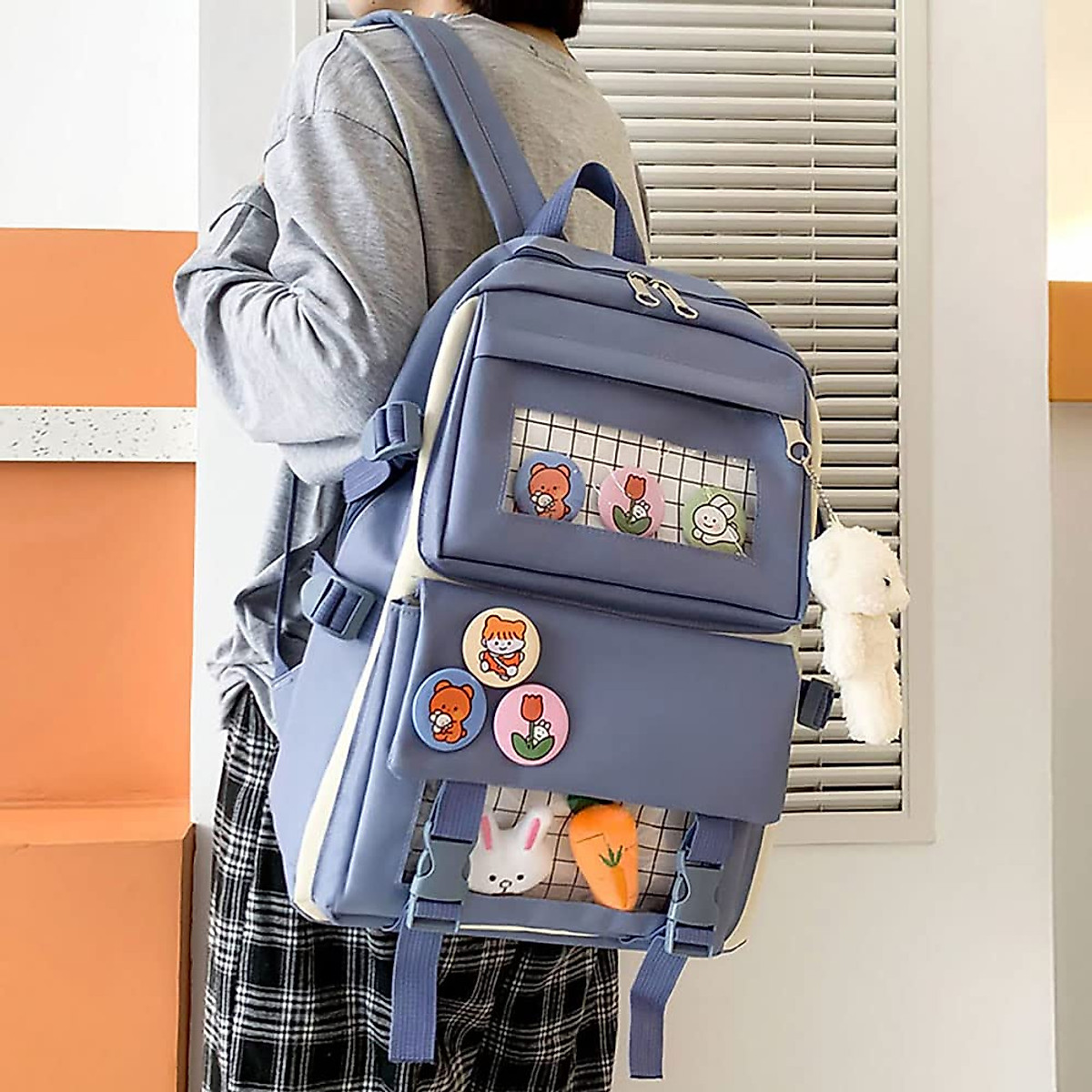 AG AGUU Backpack with Pendants and Pins Accessories 4Pcs Sets Rucksack Bag for Women(Blue)