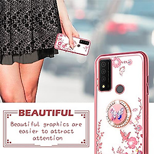 nancheng Phone Case for TCL 30 XE 5G, Case for 6.52-inch TCL 30 XE 5G Cute Soft Silicone Pink Cover for Girls Women with Ring Kickstand Shockproof Protection Case - Rose Butterfly