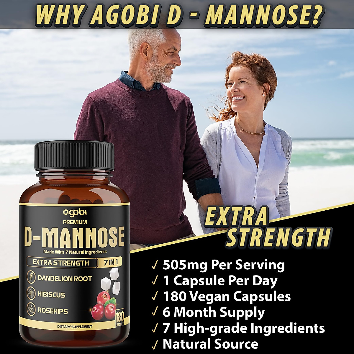 agobi 7in1 D-Mannose Capsules Blended Cranberry, Dandelion, Hibiscus, Rosehips & More - Equivalent 6050mg - Support Flush Impurities and Urinary Tract Health - 180 Count 6-Month Supply