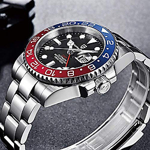 BY BENYAR Pagani Design Men GMT Automatic Watches-Fashion Stainless Steel Mechanical Watch-Sapphire Glass Lens Watch Men (Blue red)