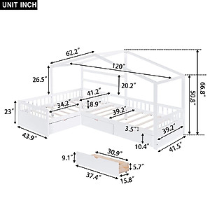 Lakifun L Shaped Bed Frame for Kids, Double Twin Corner House Bed with 3 Storage Drawers & Fence, Modern Solid Wood Platform Bed for Girls Boys Bedroom, Maximize Space (White)