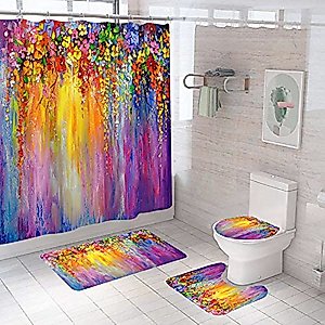 4 Pcs Purple Flower Shower Curtain Sets with Non-Slip Soft Shower Rugs, Microfiber Shaggy Water Absorbent Bath Mat,Bathroom Set Theme with Colorful Waterproof Shower Curtains