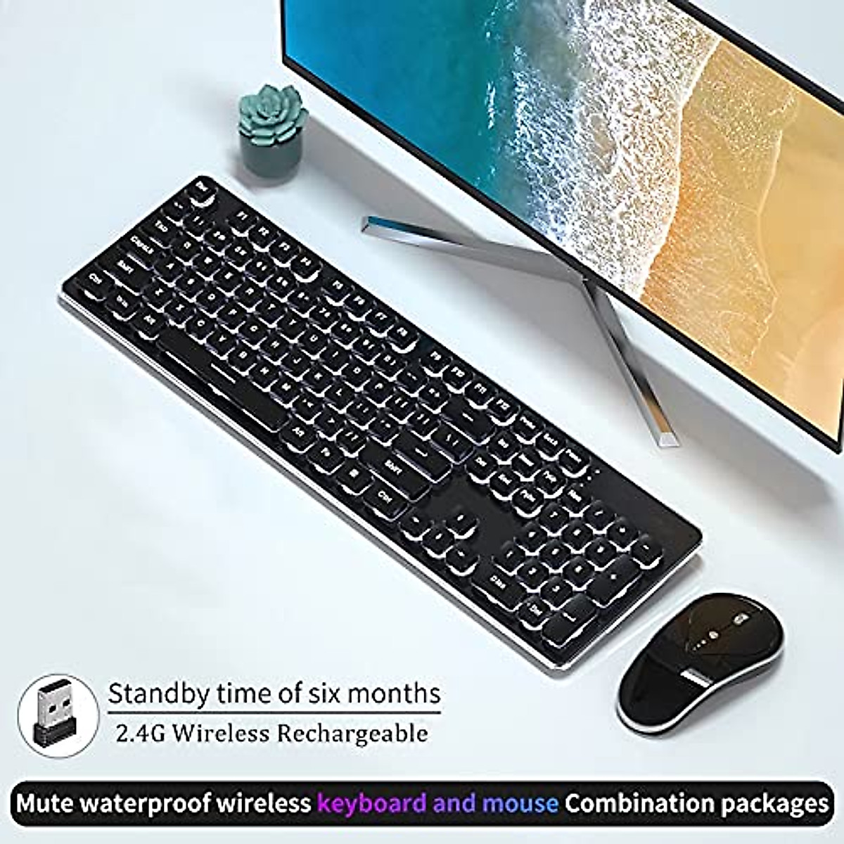 Rechargeable 2.4G Wireless Keyboard and Mouse Combo, Luminous Mute Keyboard Mouse for Office Gaming Laptop PC Home Use (Black with White Light)