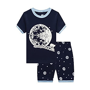 Family Feeling Glow in the Dark Moon Train Big Boys Shorts Set Summer Pajamas 100% Cotton Pjs Kid Blue Size 8