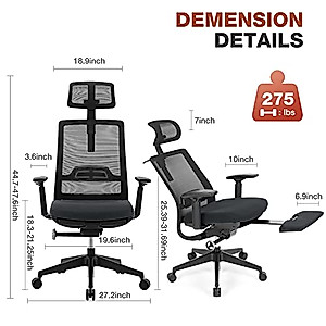 Home Office Desk Chair Ergonomic High Back Office Chair Mesh Office Chair Reclining Computer Chair Swivel Rolling Task Chair with Wheets, Coat Hanger and Adjustable Headrest Armrest, Grey