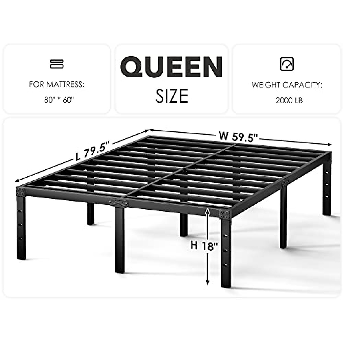 QEROMY 18-Inch Queen-Bed-Frame, Metal Platform Bed Frame Queen Size, Quick & Easy Assembly, Heavy Duty Bed Frame No Box Spring Needed, Noise-Free, Black