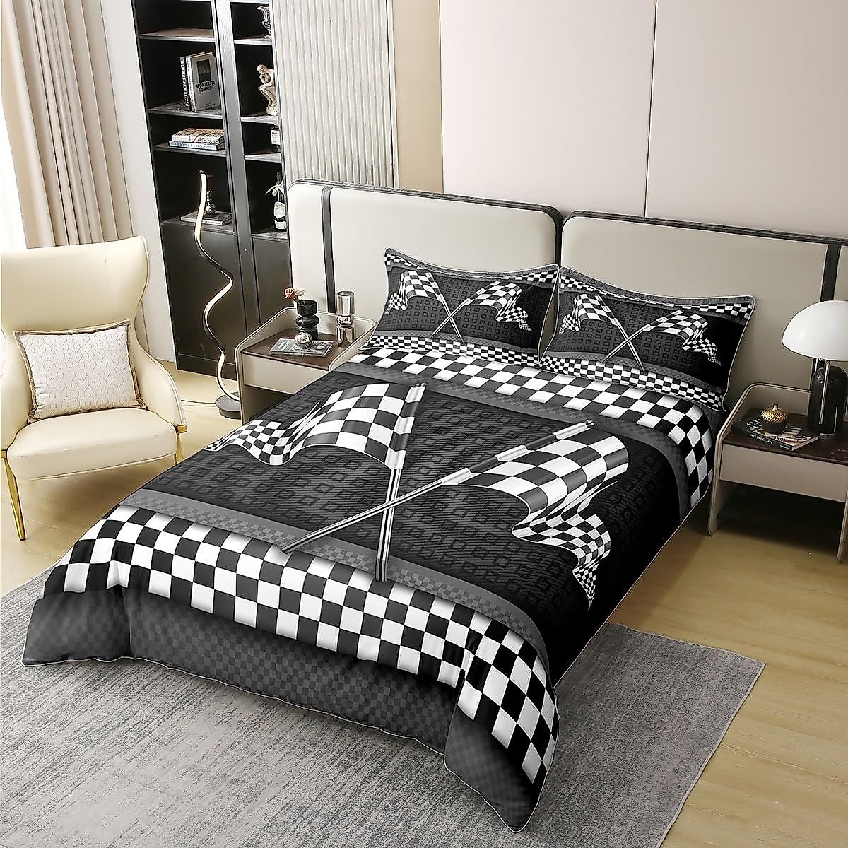 Castle Fairy 100% Nature Cotton Race Car Themed Duvet Cover Set Stripes Geometric Honeycomb Comforter Cover Set Twin Size with 1 Pillowcase Black White Checkered Flag Print Bedding Set