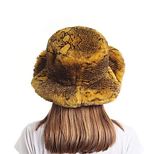 LA CARRIE Women's Snakeskin Print Faux Fur Bucket Hat Winter Warmer Fisherman Cap (Yellow)