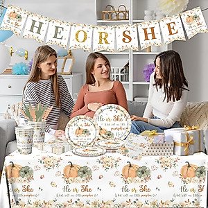 Fall Pumpkin Gender Reveal Tableware,He or She Pumpkin Floral Gender Reveal Party Decorations,What Will Our Little Pumpkin Be Disposable Tablecloth,Plates,Napkins for Autumn Baby Shower Supplies