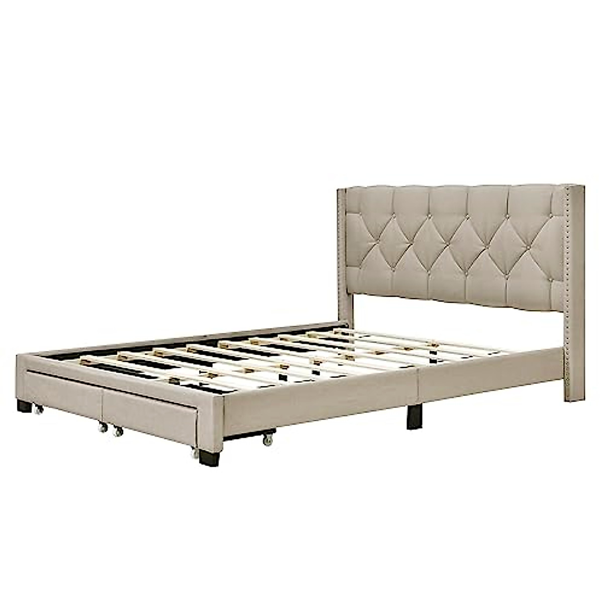 Prohon Queen Platform Bed with Button Tufted Headboard & Two Drawers, Upholstered Queen Bed Frame for Kids, Teen & Adults, Wooden Slats Support, No Box Spring Needed, Beige