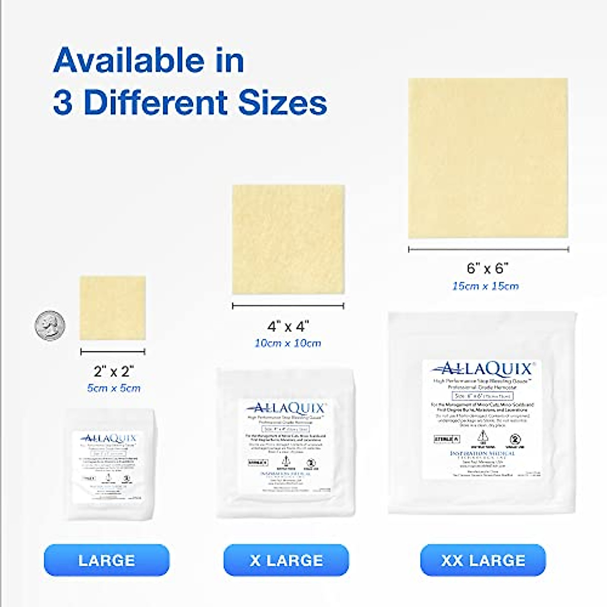 AllaQuix High Performance Stop Bleeding Gauze - Large (2"x2"Square) - (10-Pack) Professional-Grade First-Aid Hemostatic Gauze (Blood Clotting Bandage)