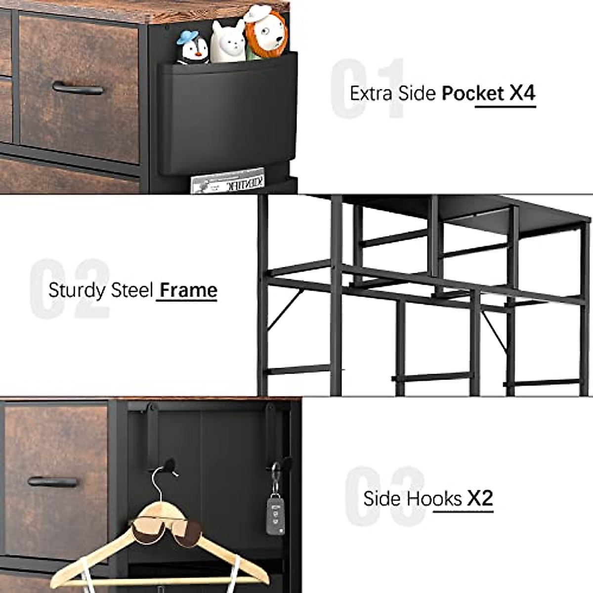 Himusi Dresser for Bedroom with 10 Drawers, Fabric Storage Tower with Side Pockets, Tall Chest of Drawers for Nursery, Hallway, Closets (Rustic Brown)