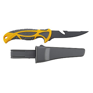 Smith’s 4” Lawaia Baitbreaker Fillet Knife w/ Gut Hook – Yellow & Grey – Corrosion-Resistant Stainless-Steel Blade - Serrated Edge - Plastic Sheath w/ Clip – Ergonomic Handle – Razor Sharp