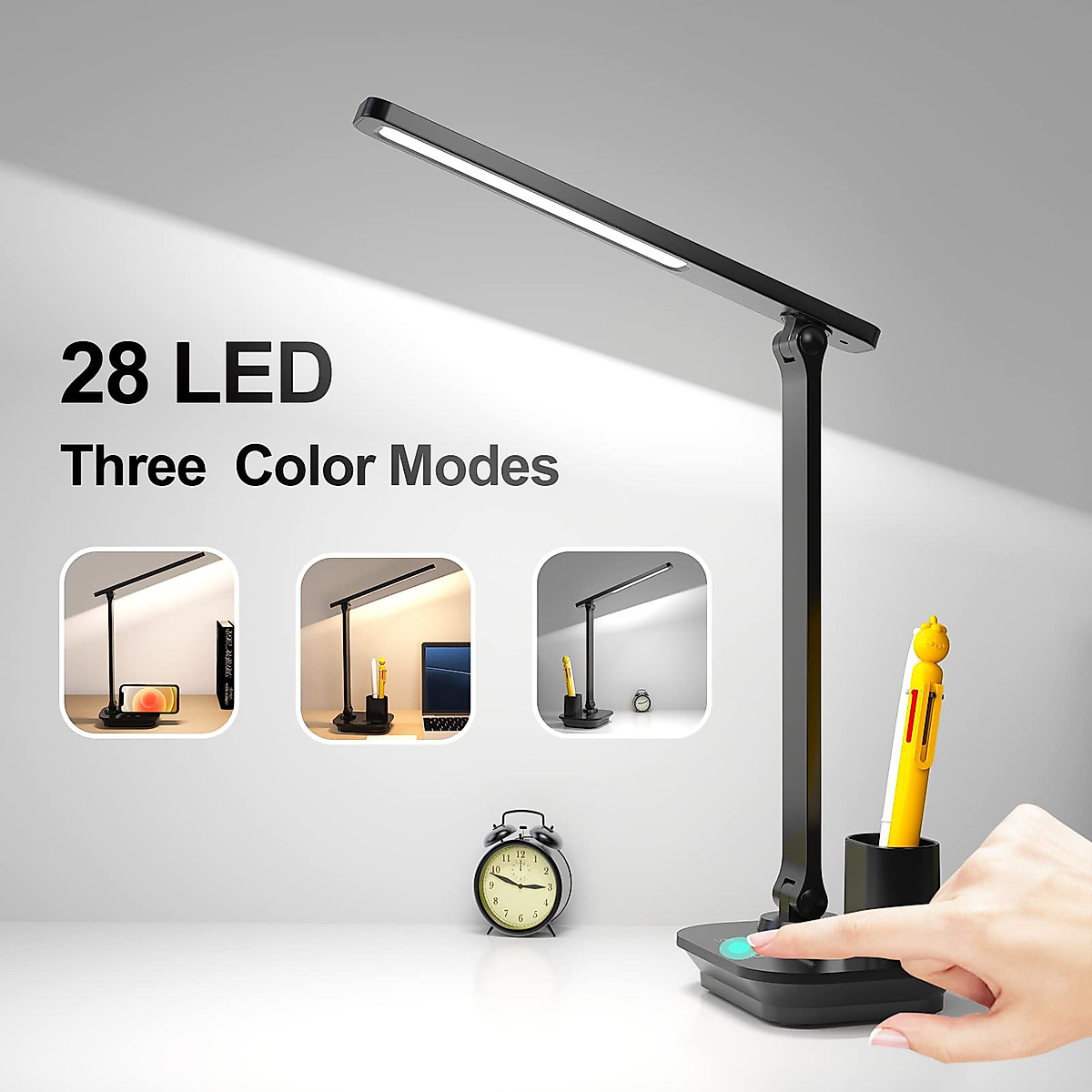 Desk Lamp Desk Light Desk Lamps for Home Office, LED Desk Lamp with USB Charging Port, Touch Control Small Desk Lamp with Pen/ Phone Holder, 3 Color Modes Foldable Study Reading Lamp with 10 Min Timer