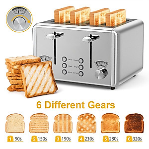 WHALL Toaster Stainless Steel, 6 Bread Shade Settings, Bagel/Defrost/Cancel Function, 1.5in Wide Slot, High Lift Lever, Removable Crumb Tray, for Various Bread Types