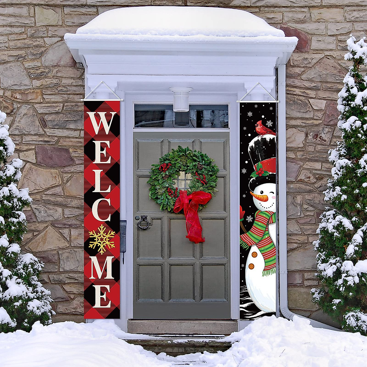 Christmas Porch Signs Snowman Christmas Decorations Supplies Merry Christmas Hanging Flags Welcome Winter Door Banners for Holiday Home Indoor Outdoor Wall Xmas Decor