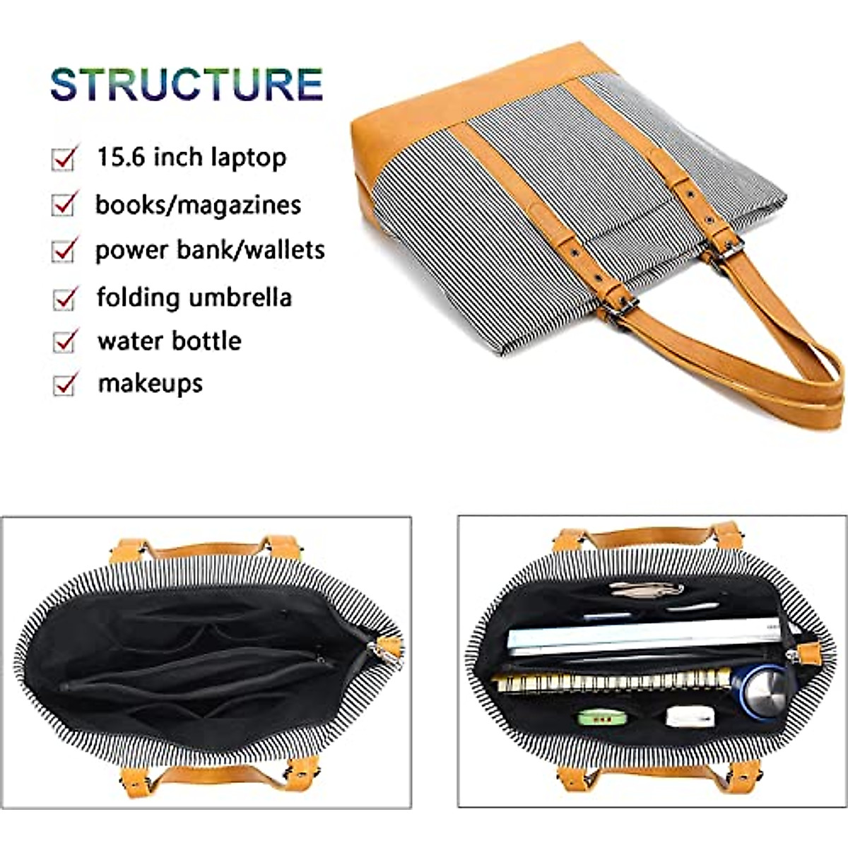 Women Lightweight Canvas Tote Purses for Work Everyday with Zipper Pockets Striped Shoulder Handbag