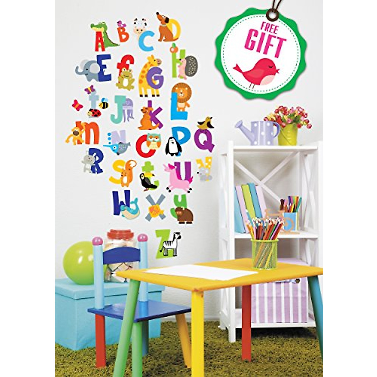 ABC Stickers Alphabet Decals - Animal Alphabet Wall Decals - Classroom Wall Decals - ABC Wall Decals - Wall Letters Stickers - Wall Stickers for Kids ABC Letters - [Gift Included]!
