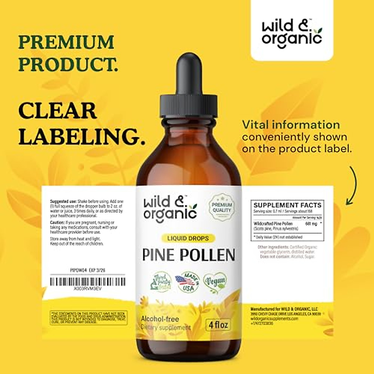 Pine Pollen Tincture - Organic Pine Pollen Powder Liquid Drops - Vegan, Alcohol Free Supplement - for Men & Women 4 Fl Oz