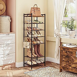 MAHANCRIS 8-Tier Metal Shoe Rack, Narrow Shoe Storage Organizer for Closet Entryway, Hold 7-12 Pairs of Shoes, Tall Skinny Shoe Shelf with 7 Metal Shelves, Easy Assembly, Rustic Brown SRHR0801Z