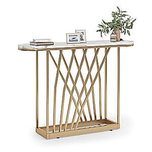 Tribesigns Gold Console Table, 43" Modern White Sofa Couch Table with Faux Marble, Oval Wooden Hallway Foyer Table, Narrow Entryway Table with Metal Frame for Living Room Bedroom Entrance