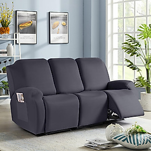 TAOCOCO Recliner Sofa Slipcover, 3 Pieces Polyester Fabric Stretch Sofa Covers for 3 Seat Reclining Couch, Soft Washable Furniture Protector with Pockets (3 Seat, Dark Gray)