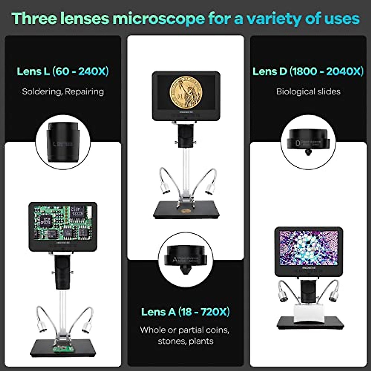 Andonstar AD246S-M HDMI Digital Microscope 2000x for Adults, 3 Lens 2160P UHD Video Record, 7 Inch LCD Soldering Microscope, Coin Microscope, Biological Microscope Kit, Windows Compatible