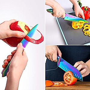 WELLSTAR Kitchen Knife Set 3 Piece, Razor Sharp German Stainless Steel Blade and Comfortable Handle with Rainbow Titanium Coated, Chef Santoku Paring for Cutting Dicing Mincing and Peeling, Gift Box