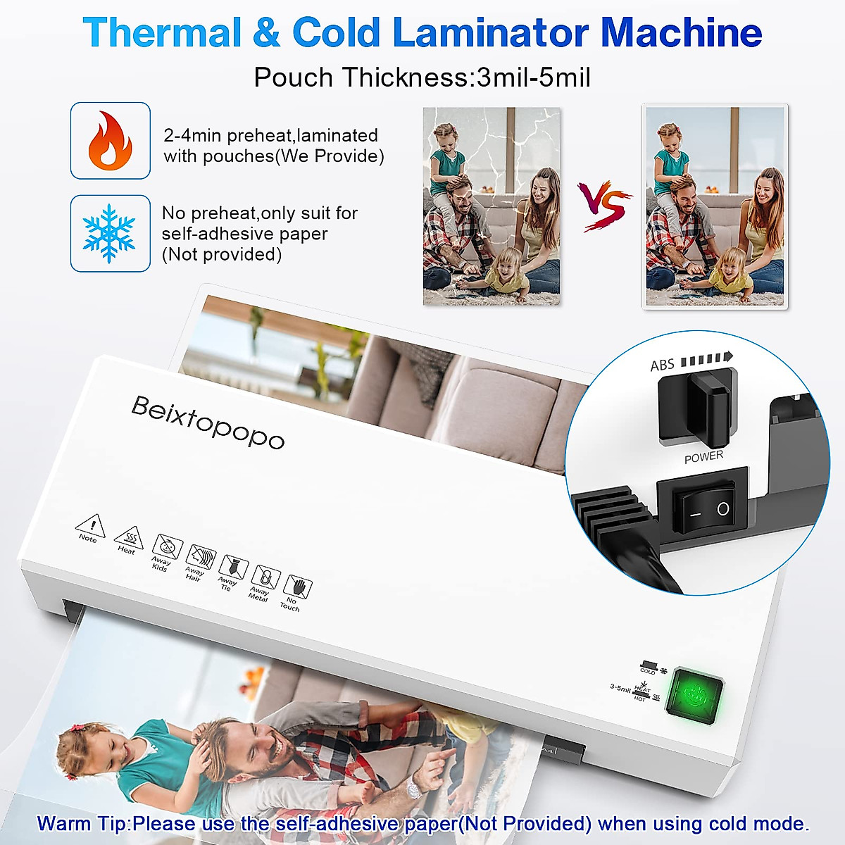 Laminator, 9" Thermal Laminator Machine for A4, A5, A6, Hot & Cold Laminating Machine with 20 Pouches, Paper Trimmer, Corner Rounder, Hole Puncher, Iron Ring, White