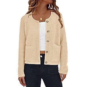 PRETTYGARDEN Women's Knit Cardigan Sweaters Fall Fashion Long Sleeve Open Front Button Down Trendy Casual Sweater Jacket (Beige, Large)