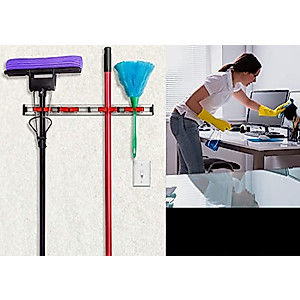 Alpine Industries Mop and Broom Holder Track - 5 Hooks 4 Holders Sliding Cleaning Tool Organizer - Heavy-Duty Adjustable Wall Mount Space Saving Storage Solution (4 Holders - 5 Hooks)