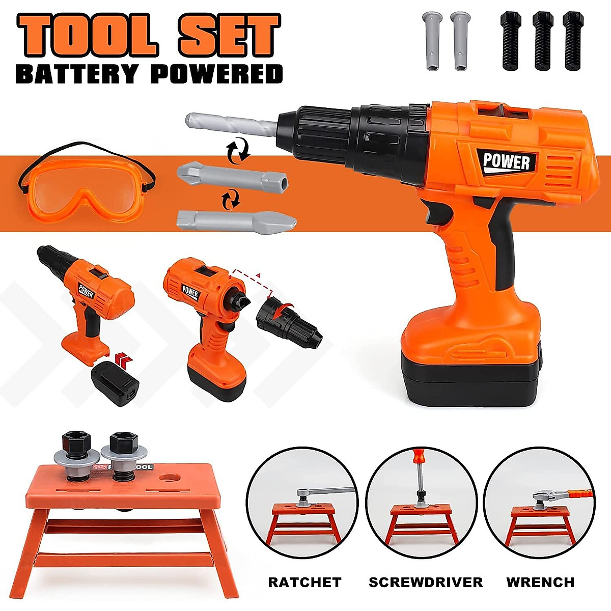 Mscredse Kids Tool Set kit Pretend Play Set Toddler Tool Toys with Construction 48Pcs Electric Drill Gifts for Boys Girls Kids Toddlers Ages 3 4 5 6 7 8 Years up (Orange)