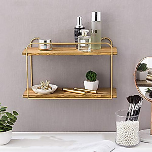 MyGift Modern 2-Tier Floating Wall Shelf, Natural Brown Wood Bathroom Shelves with Vintage Brass Metal Frame