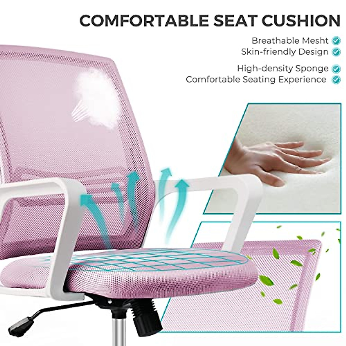 Office Chair Desk Chair Home Office Computer Chair with Wheels Mesh Office Chair with Lumbar Support, Mid Back Ergonomic Office Desk Chair with Armrests Adjustable Work Chairs, Pink
