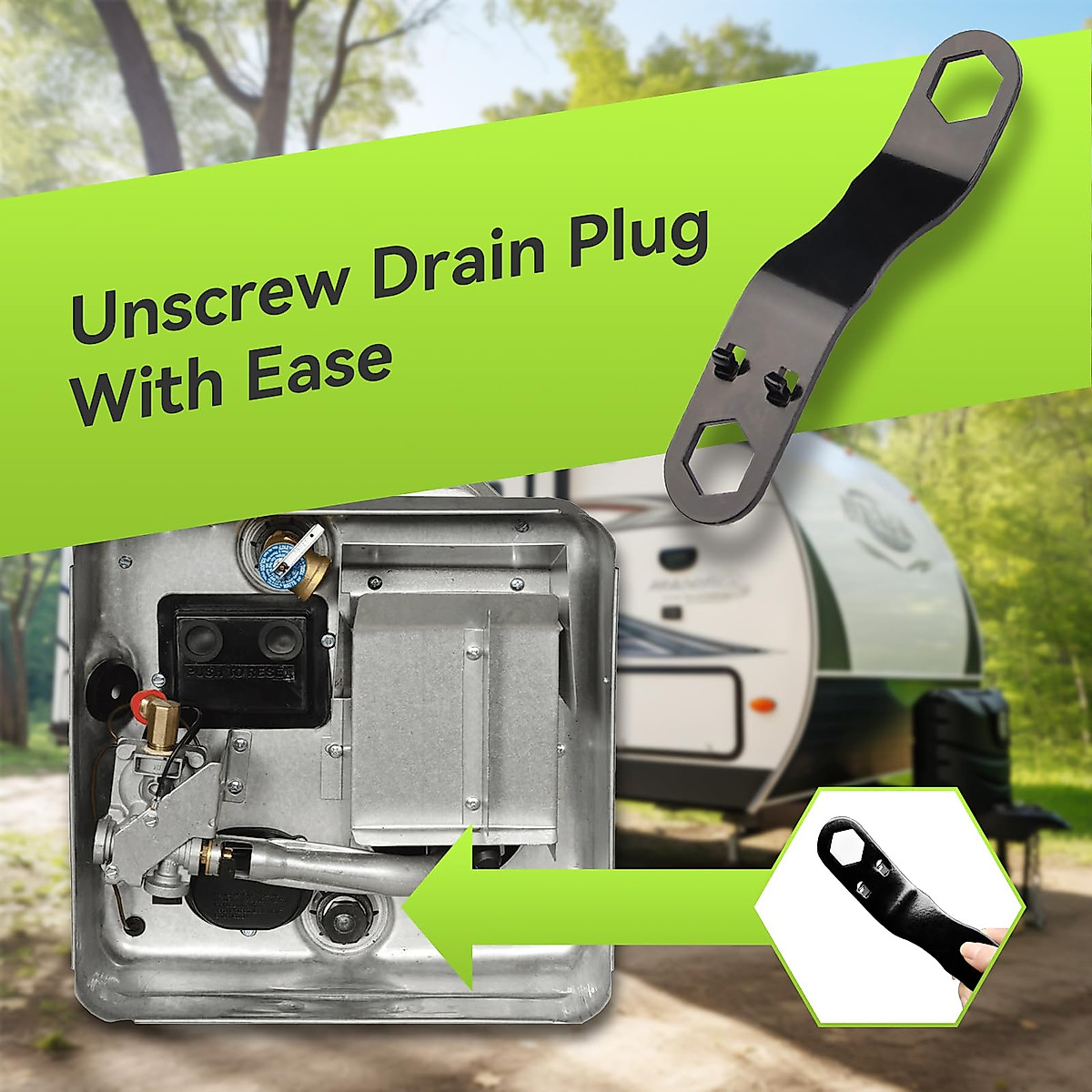 RV Water Heater Drain Plug Kit, Include Angled Wrench, 4 Pieces 1/2" NPT Replacement Plugs and 1 Roll PTFE Tape