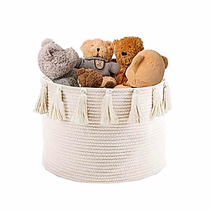 ABETREE Tassel Woven Storage Laundry Basket 17.7" x 11.8" with Handle Cotton Hamper Nursery Basket Blanket Baby Toy Storage Organizer