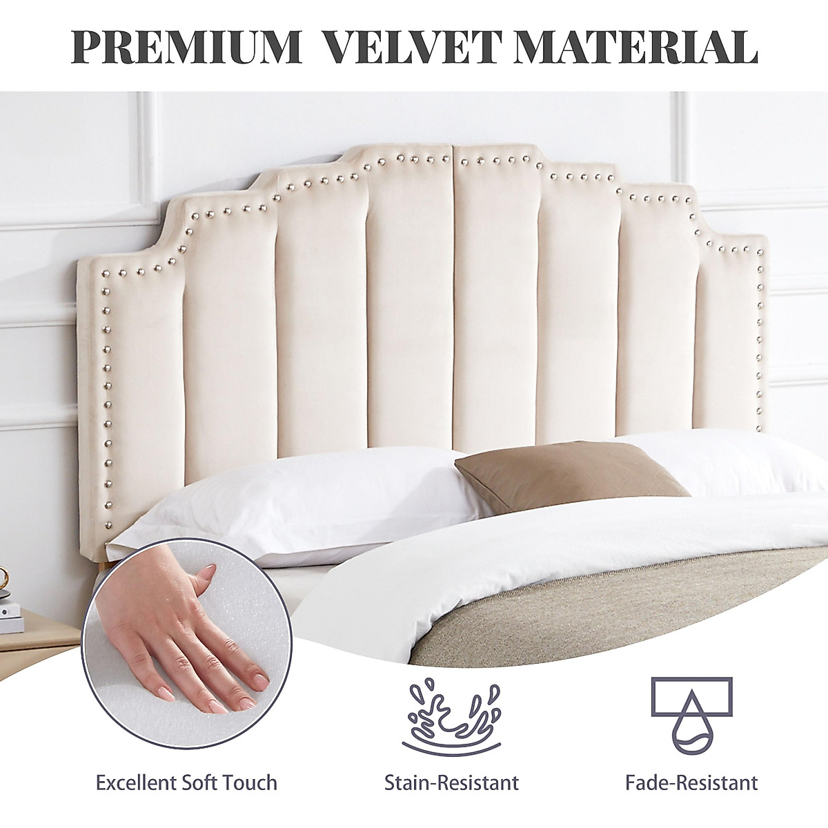 Kingfun Mid Century Headboard for Queen Size Bed,Velvet Upholstered Tufted Bed Headboard with Nailhead Decor,Adjustable Curved Solid Wood Head Board Vertical Channel Design (Medium Beige)