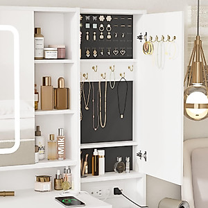 Vabches White Vanity Desk with Mirror and Lights, Vanity Table Makeup Vanity with Lights 3 Drawers and Cabinets, Charging Station & Sliding Door, Lots Storage Shelves