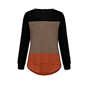 TEMOFON Women's Tops Long Sleeve Color Block Top Casual Loose Crew Neck Soft Blouse Tunic T-Shirts Khaki Block M