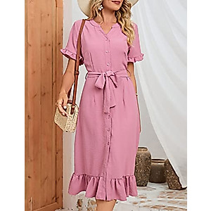 KOJOOIN Women's Button Down Midi Shirt Dress Summer Short Sleeve Tie Waist Split Business Casual Work Long Maxi Dress Dusty Pink XL