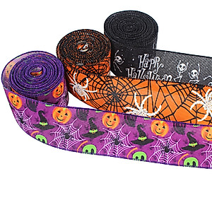3 Rolls 15 Yards Halloween Ribbon Wired Edge Ribbons 2.5 inchSpider Web Skull Pumpkin Ribbons ，Purple Orange Black Burlap Ribbon ，for Wreath Home Party DIY Craft Floral Bow Decoration Supplies