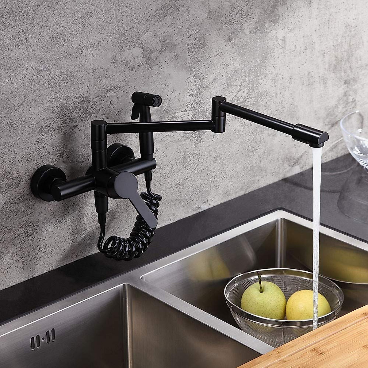 BULUXE Black Pot Filler Kitchen Sink Faucet with Sprayer, Modern Single Handle Retractable Wall-Mount Pot Filler Faucet with Swing arm in Matte Black Solid Brass
