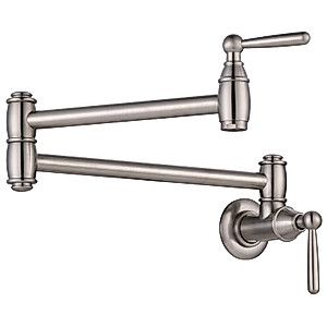 Pot Filler Faucet Brushed Nickel, ARCORA Modern Pot Filler Wall Mount Kitchen Folding Faucet 2 Handle with Double Joint Swing Arms Brass Stove Faucet