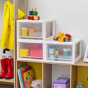 IRIS USA 14.5 Qt. Medium Plastic Stacking Drawer, Stackable Storage Organizer Unit with Sliding Drawer for Bedroom Kitchen Under Sink Pantry Craft Room Dorm Office, White, 3-Pack