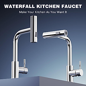 GIMILI Waterfall Kitchen Faucet with Pull Down Sprayer Brushed Nickel Single Hole Handle Stainless Steel Kitchen Sink Faucets Commercial Modern Faucets for Pull Down Sprayer Kitchen Sinks