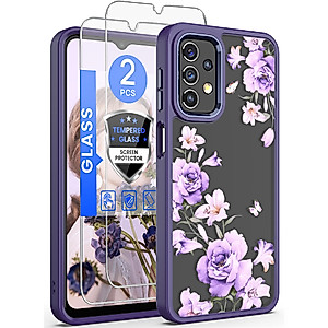Dretal for Samsung A23 4G/ 5G Case, Galaxy A23 Case Tempered Glass Screen Protector,Military Grade Drop Tested Hard Back & Soft Edge Slim Flower Women Girls Phone Protective Cover(Deep Purple)
